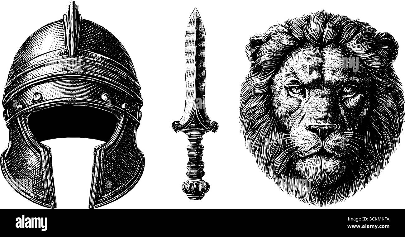 Engraved roman helmet, sword, and lion illustration set for historical ...