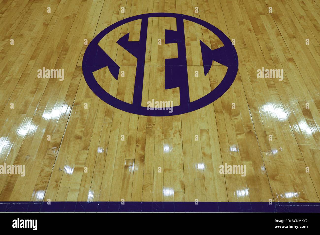 The SEC logo seen on the court in the Pete Maravich assembly center ...