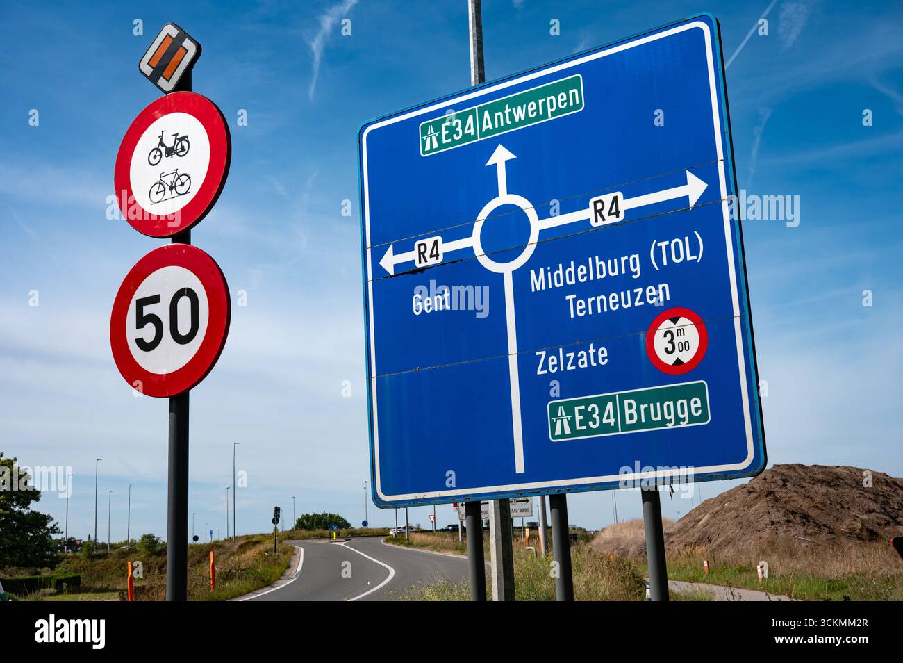 Road sign to the E 34 highway and ringroad R 4 in Zelzate, East ...