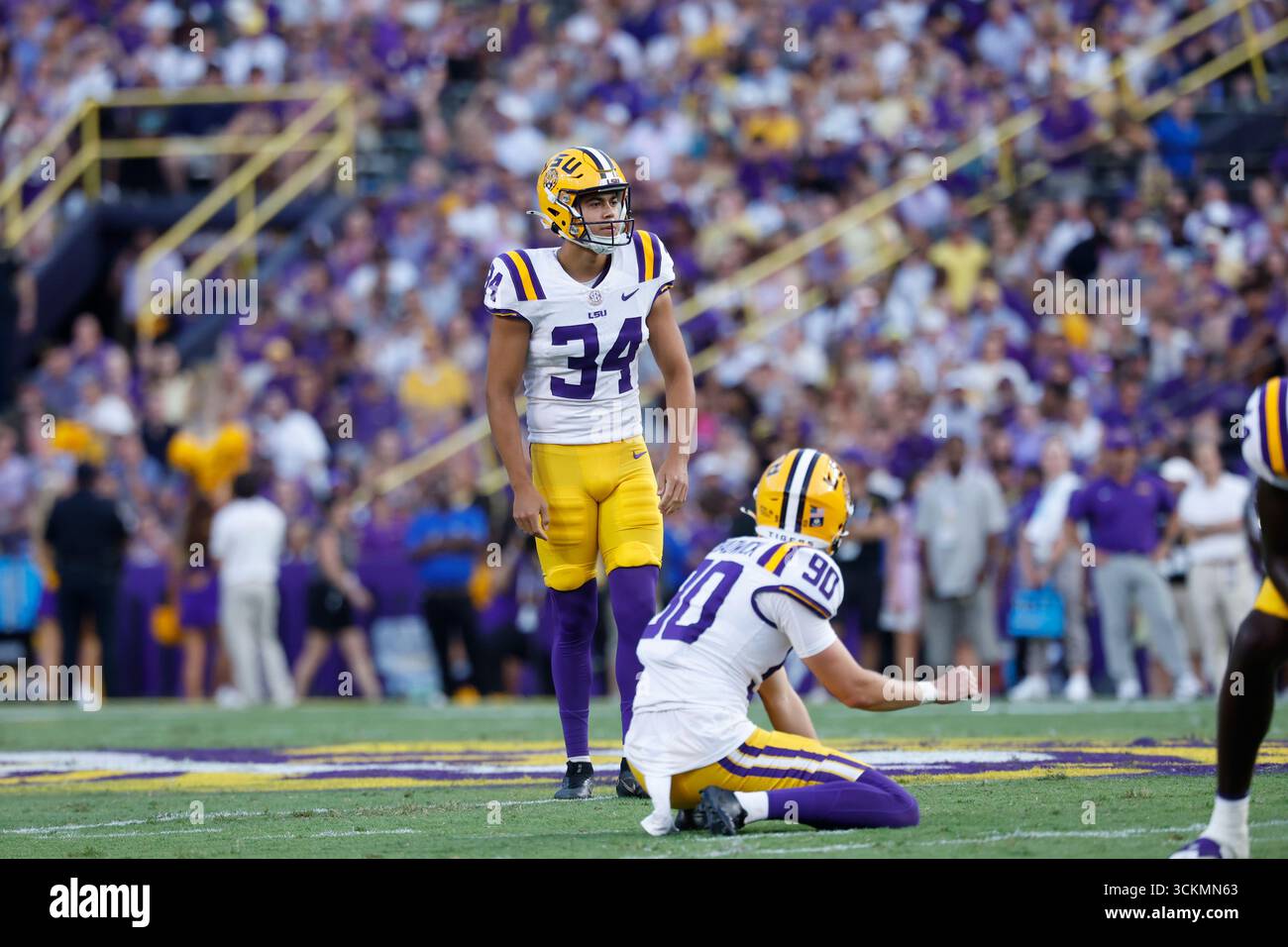 LSU kicker Damian Ramos (34) lines up a kick during an NCAA college ...