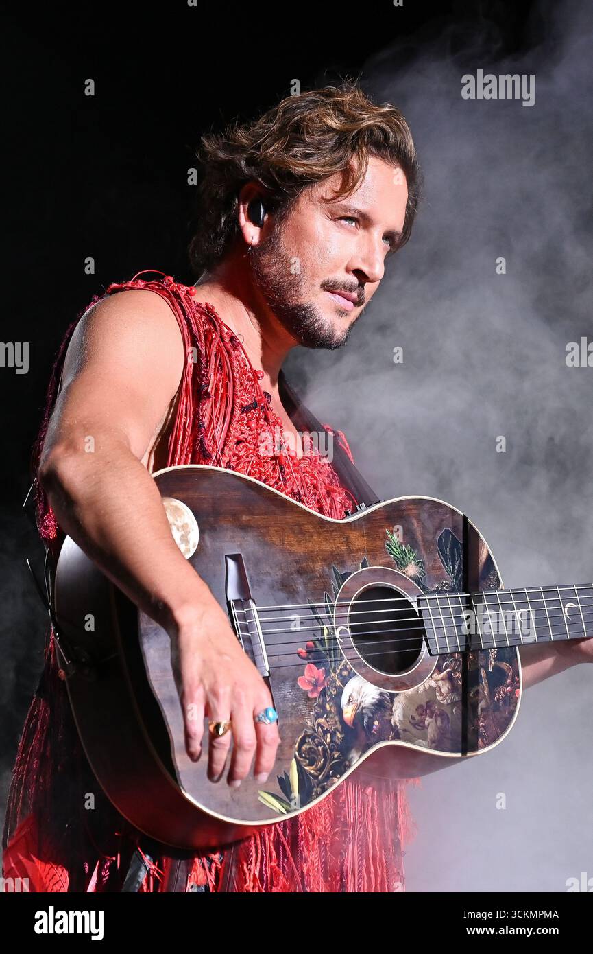 Spanish singer Manuel Carrasco performs during the concert at Movistar ...