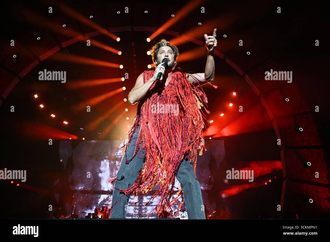 Spanish singer Manuel Carrasco performs during the concert at Movistar ...