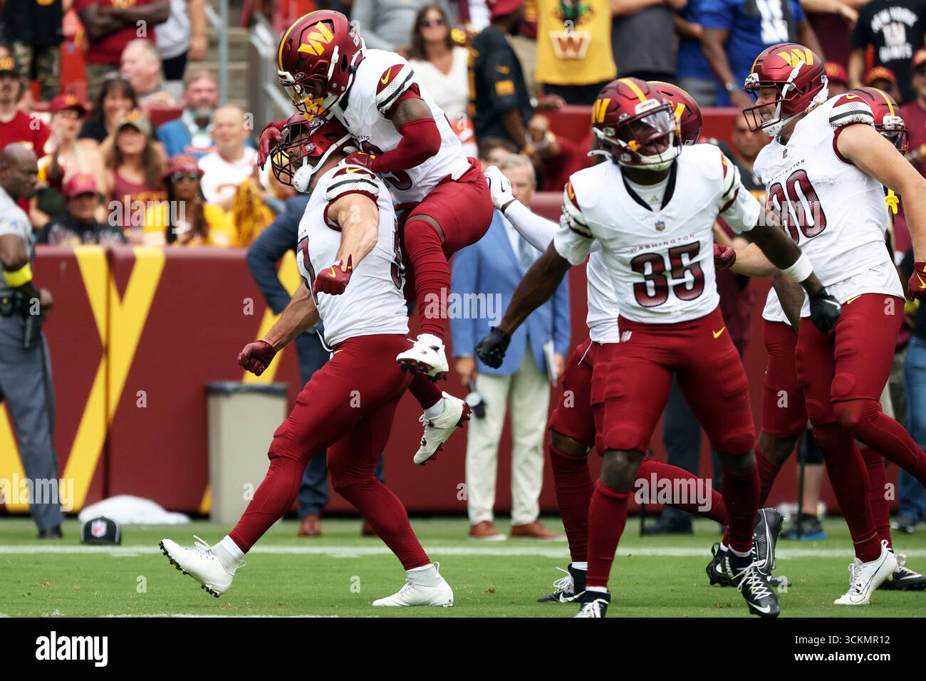 Washington Commanders linebacker Nick Bellore (57) celebrates during an ...