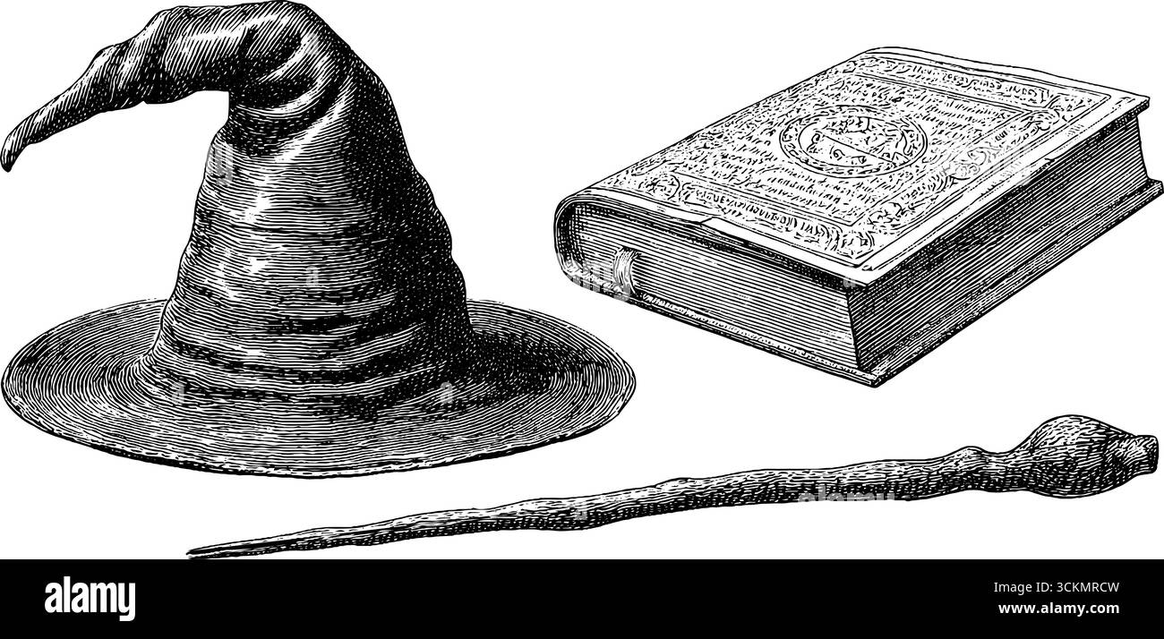 Vintage engraved set of wizard hat, magic book, and wand for fantasy ...