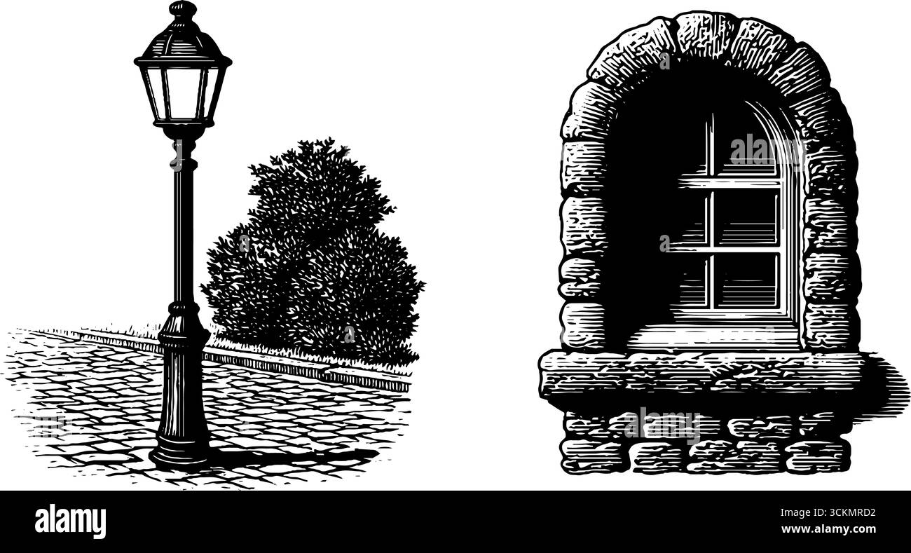 Engraved vintage cobblestone street elements with lamp post and arched ...