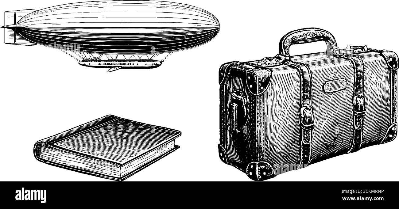 Vintage zeppelin, luggage, and book engraving set for historical design ...