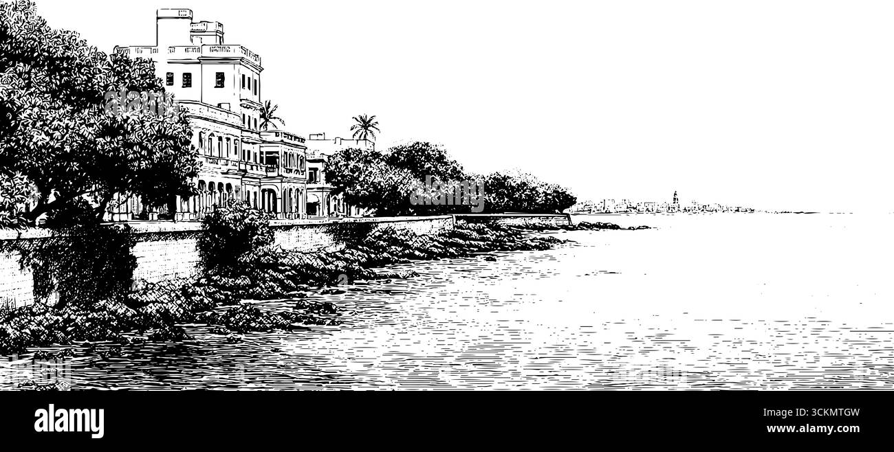 Coastal urban scene illustration with historic architecture and ...