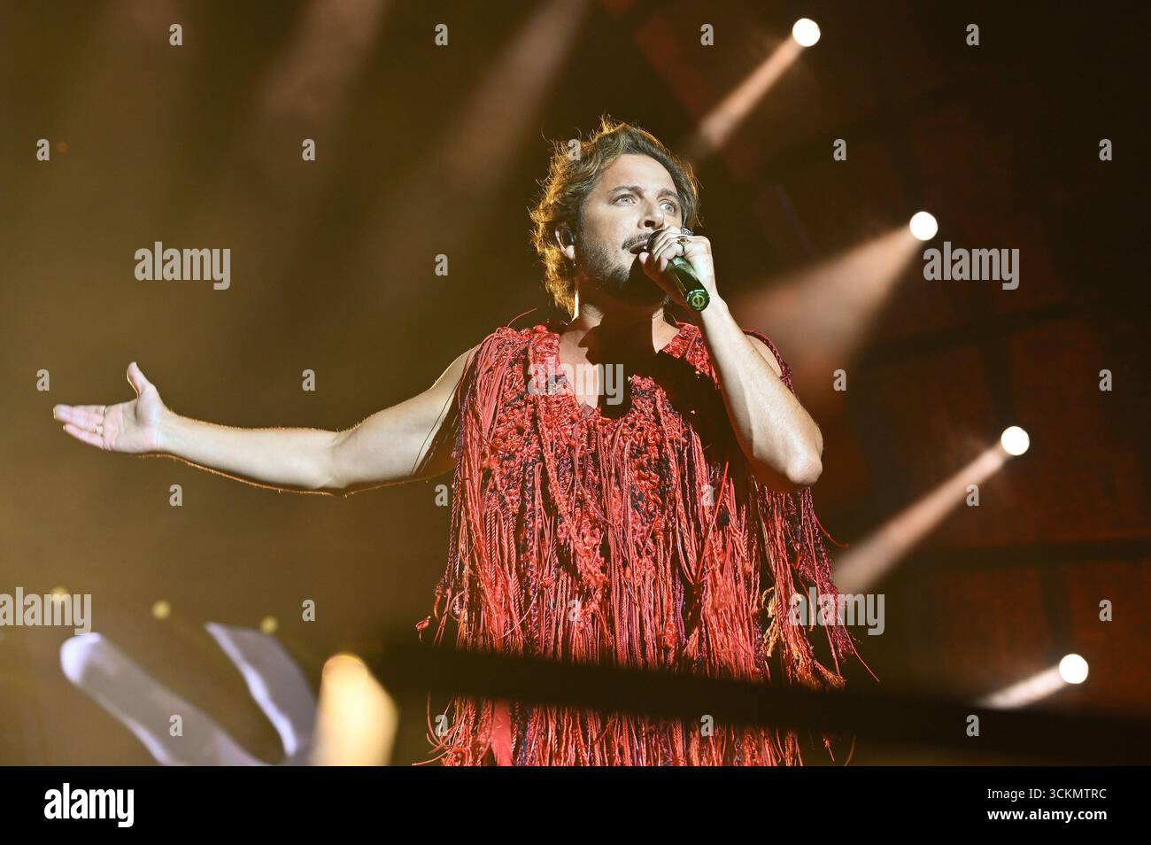 Spanish singer Manuel Carrasco, performs during the concert at Movistar ...