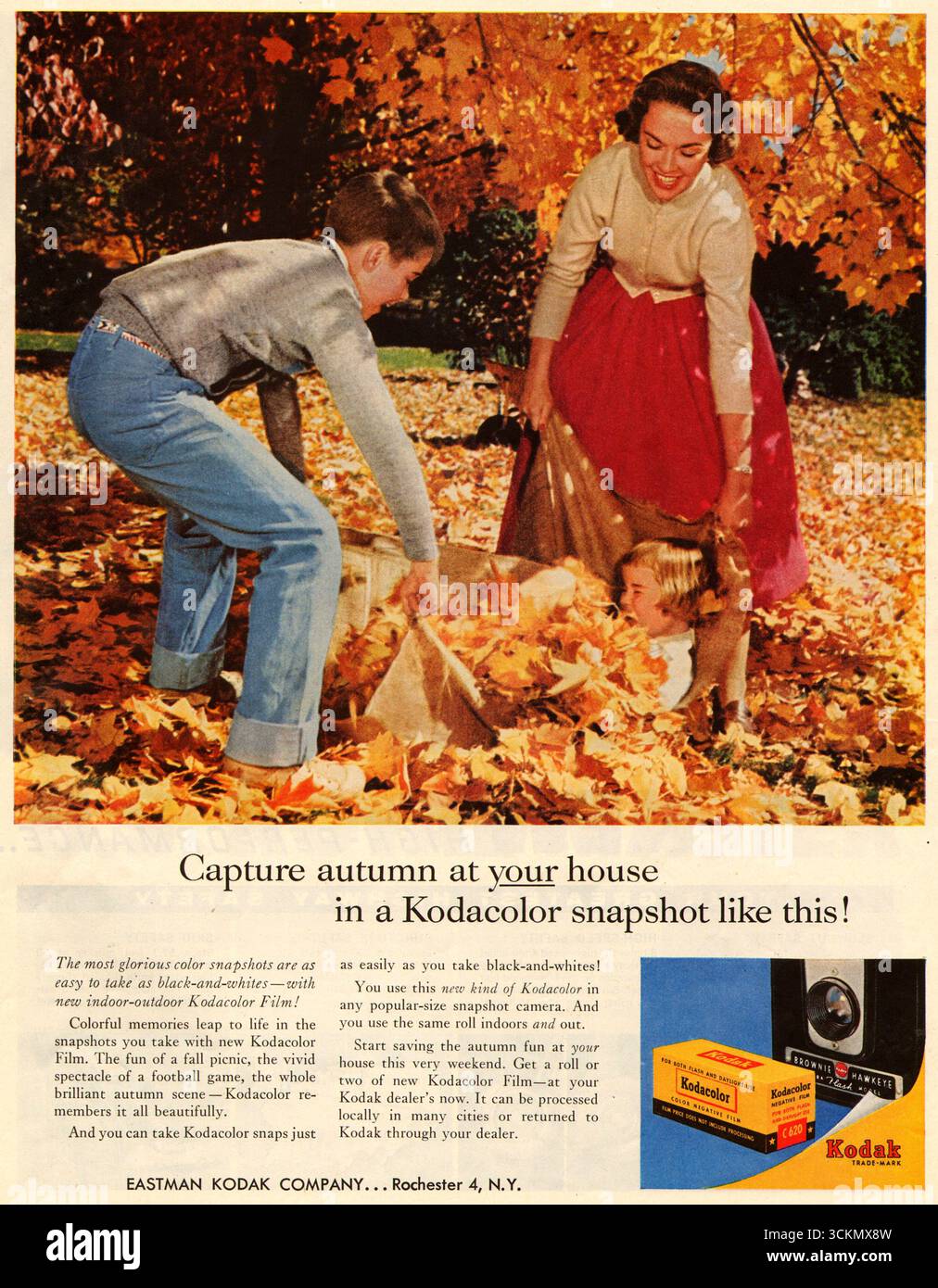 1957 Kodak Kodacolor film ad, featuring a scene of two people raking ...