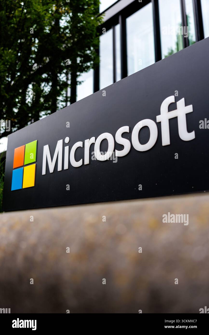 12 September 2025, Bavaria, Munich: The Microsoft logo and lettering ...