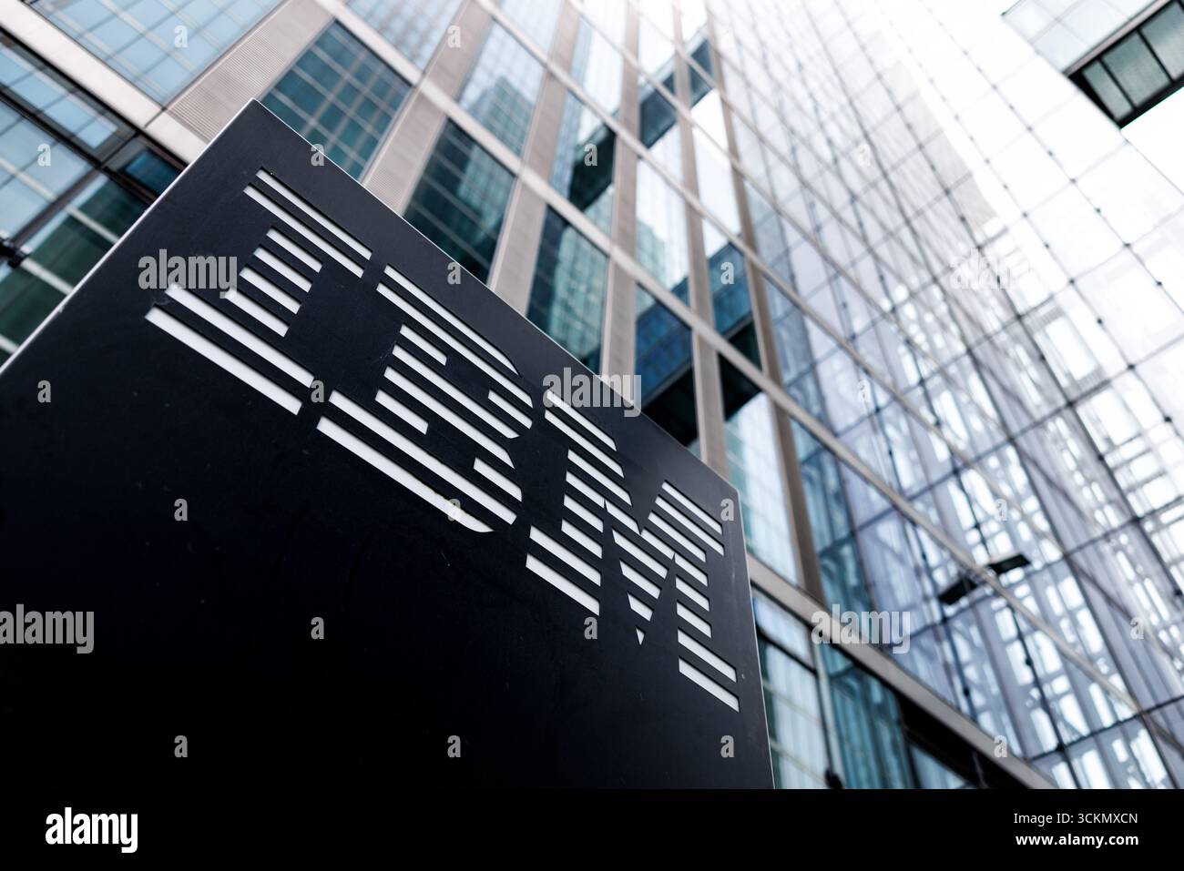 12 September 2025, Bavaria, Munich: The IBM logo at the headquarters of ...
