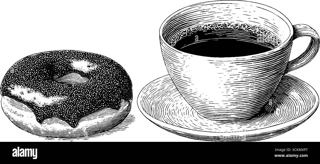 Engraved donut with sprinkles and coffee cup illustration for culinary ...