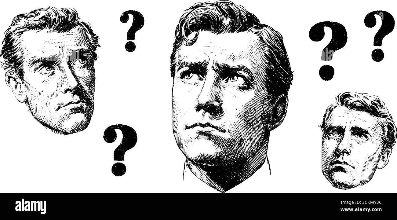 Engraved illustration set featuring confused faces and question marks ...