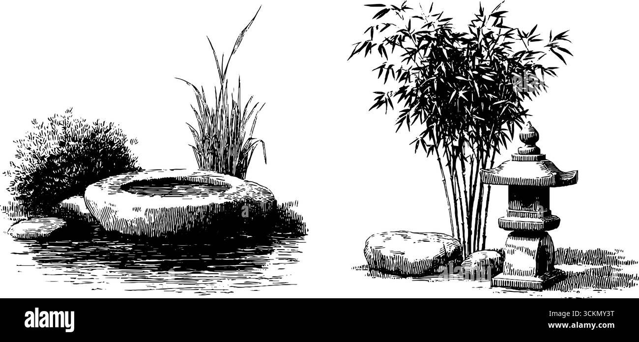 Engraved illustration set of hot spring pool and tranquil garden scene ...