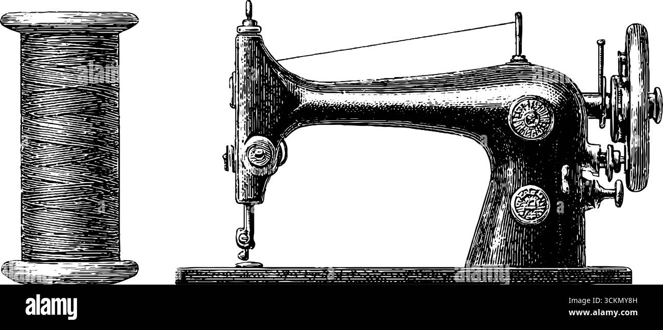 Vintage sewing machine and thread spool engraving for craft and design ...