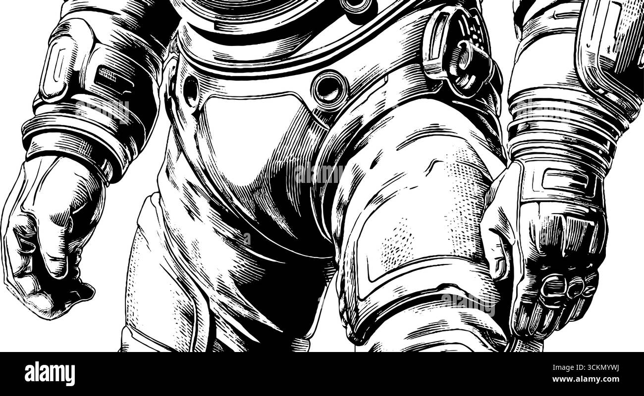 Detailed engraved illustration of exosuit for space exploration and ...