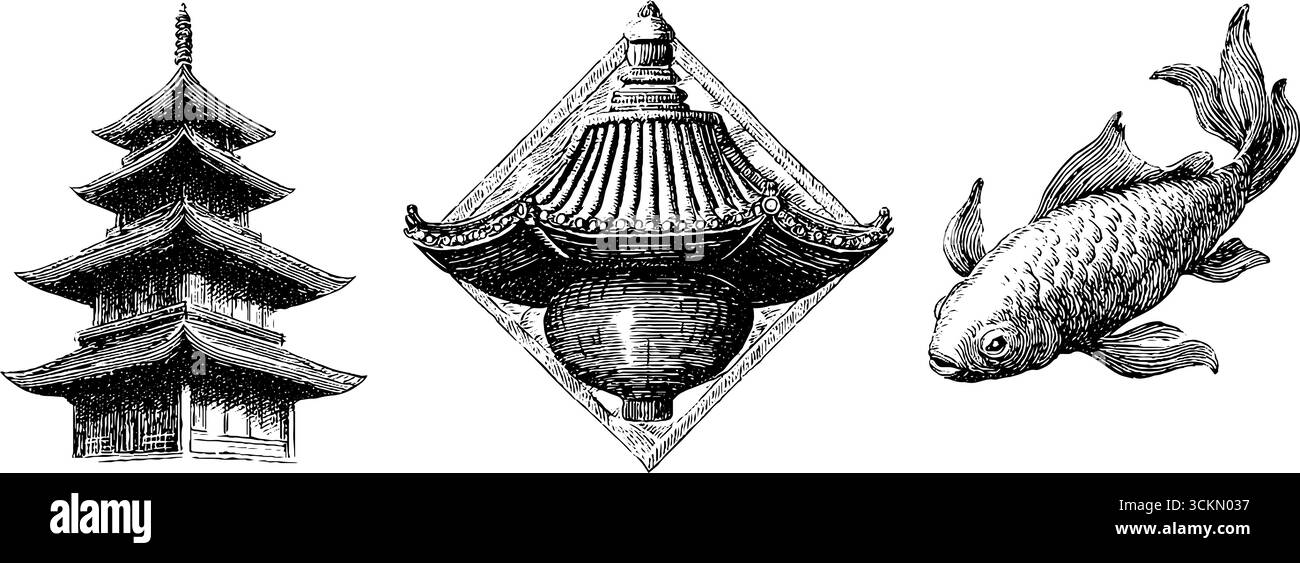 Traditional pagoda roof and koi fish engraving set for cultural design ...
