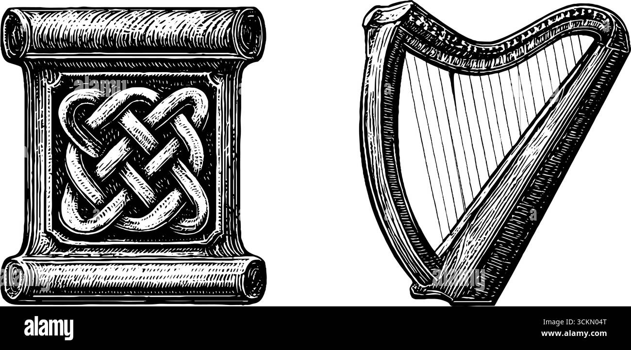 Engraved illustration set featuring celtic knot and harp design ...