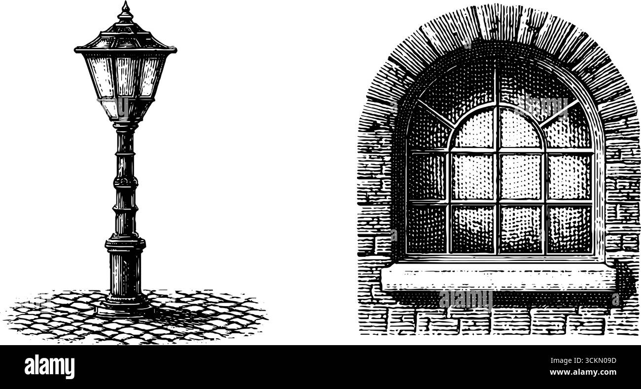 Vintage engraved illustration set of cobblestone street with lamp post ...