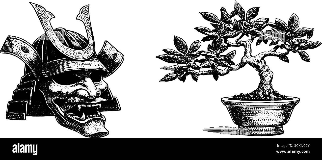 Intricate engraved illustrations of samurai mask and bonsai tree for ...