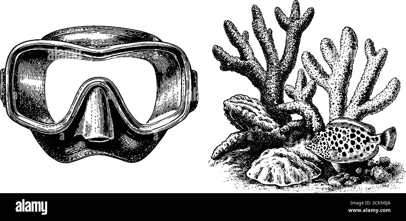 Engraved set of scuba mask and coral reef scene for marine life ...