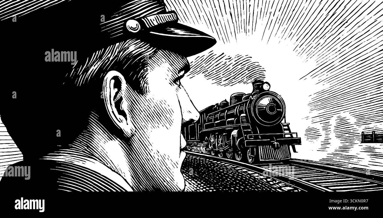 Vintage engraved illustration of steam locomotive and train conductor ...