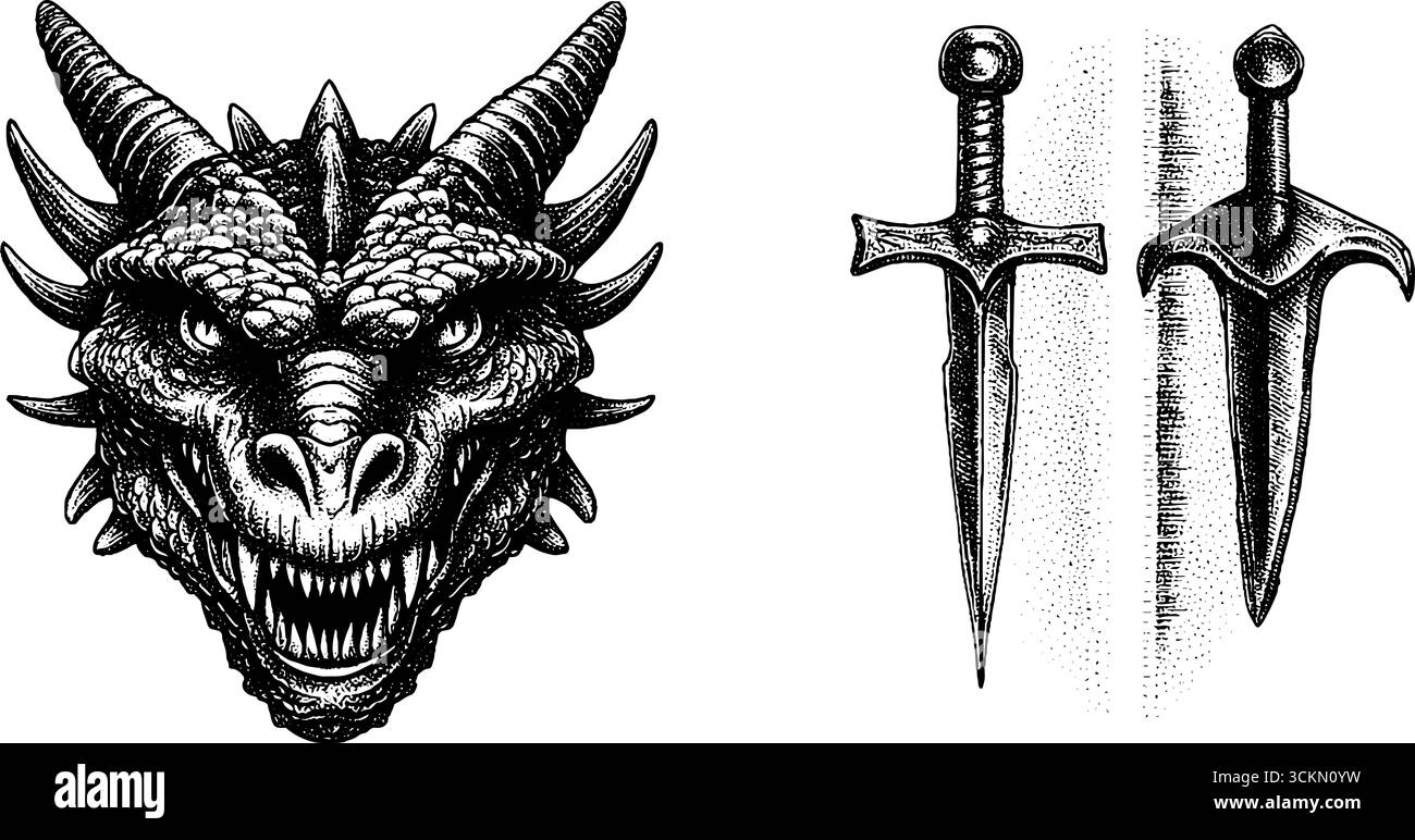 Medieval fantasy engraving of dragon head and castle elements for ...