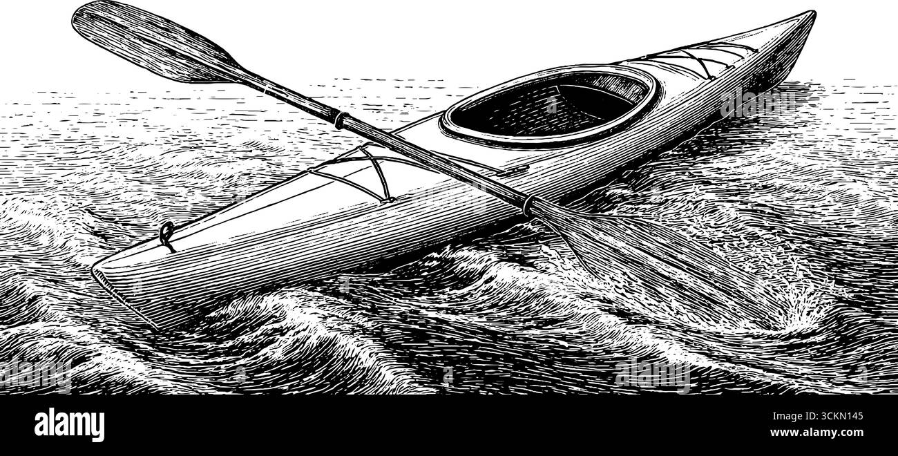 Engraved illustration of kayak and paddle in motion on water for ...