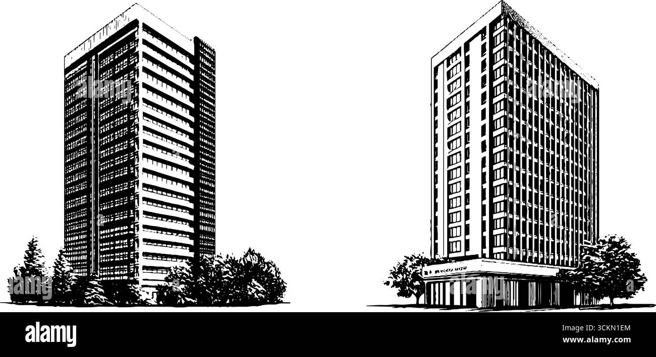 Vintage engraved office building illustrations for architectural design ...