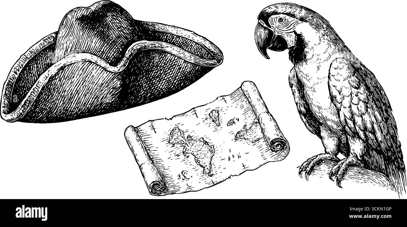 Vintage pirate theme with engraved hat, parrot, and treasure map Stock ...