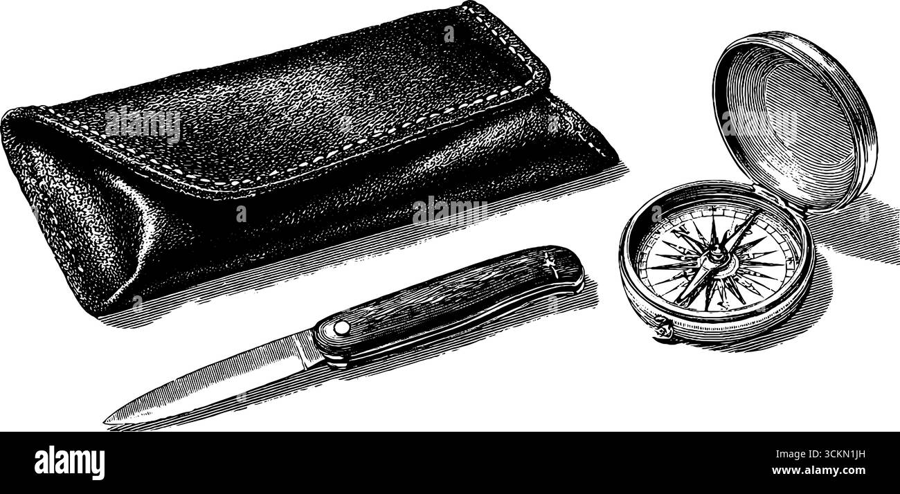 Vintage engraved set: pocket knife, compass, and leather case ...