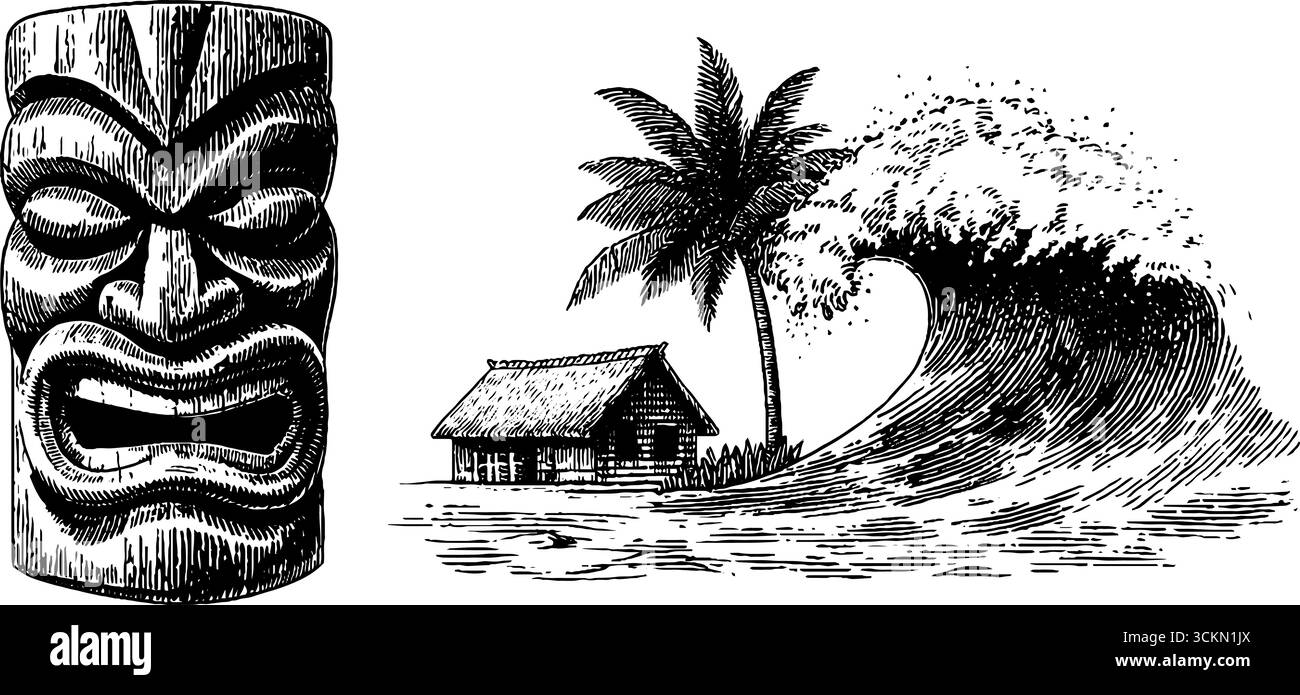 Polynesian tiki mask and island scene engraving illustrations for ...