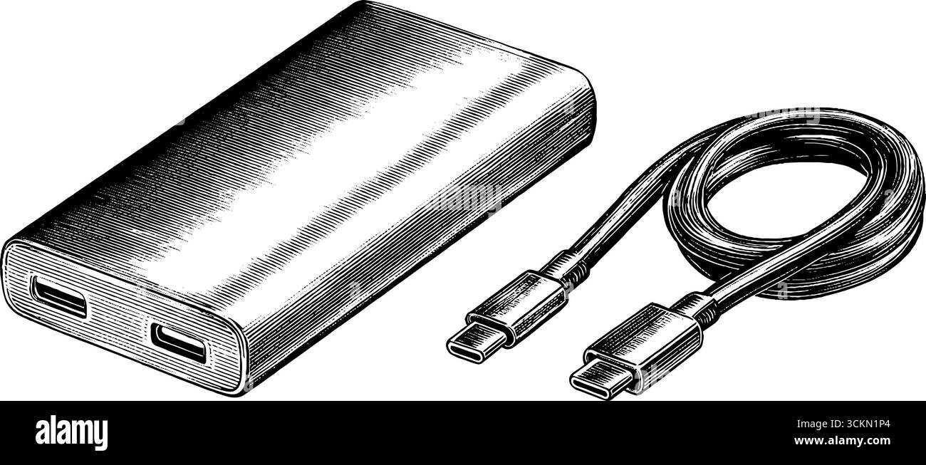 Engraved illustration of power bank and charging cable set for tech ...