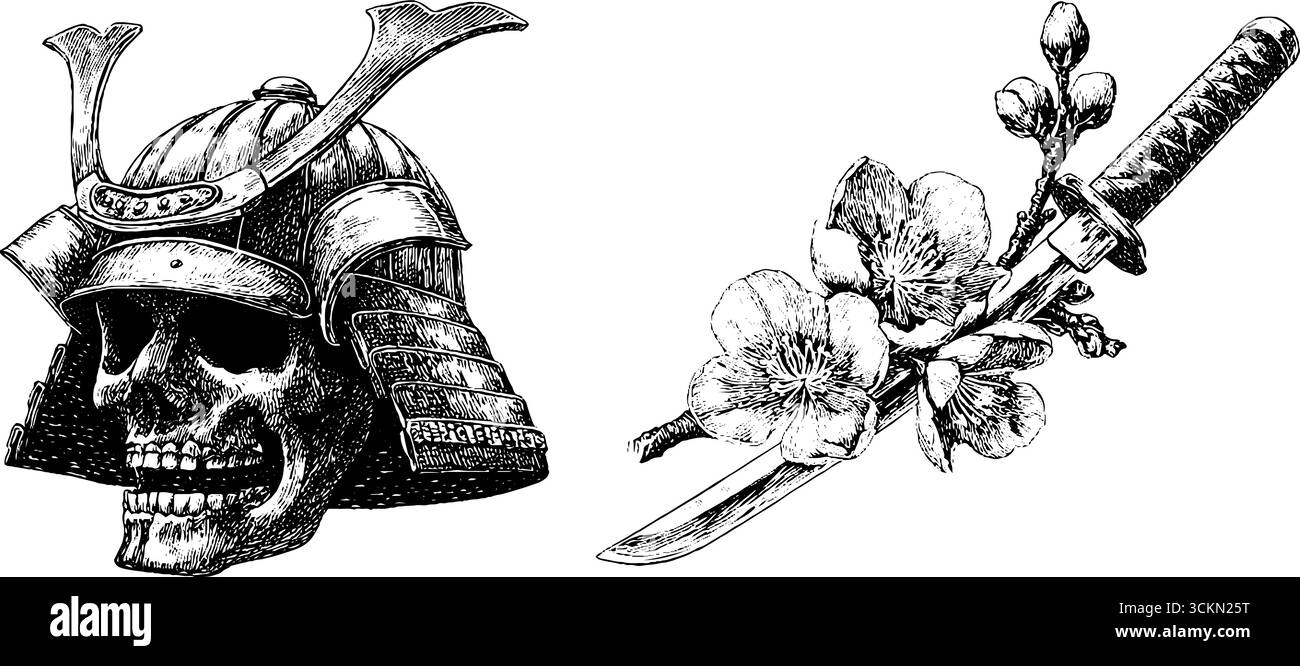 Traditional samurai helmet and katana with floral motif engraving ...