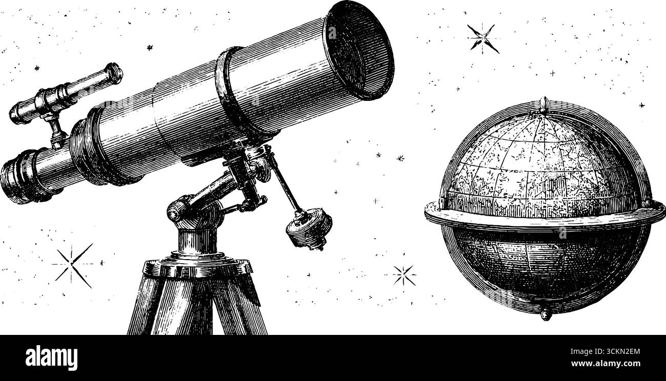 Vintage telescope and celestial sphere engraving for astronomy ...