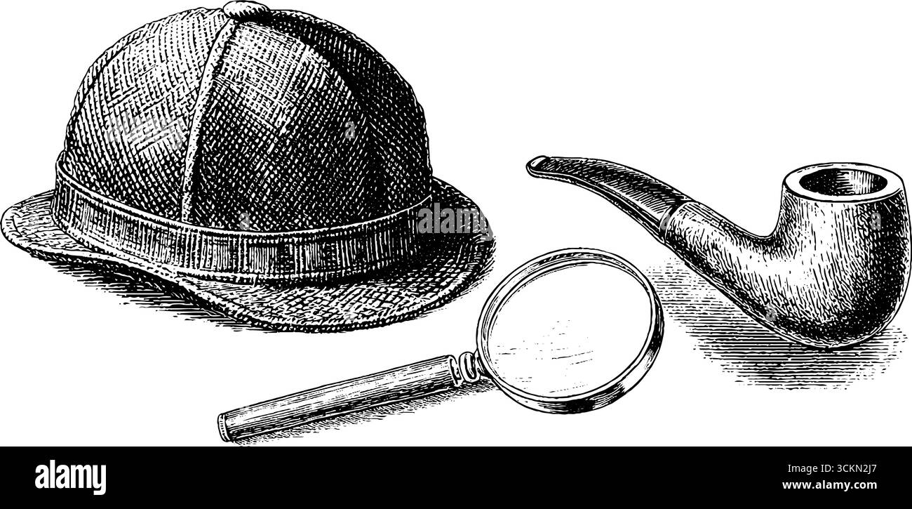 Vintage detective tools engraving: hat, pipe, and magnifying glass set ...