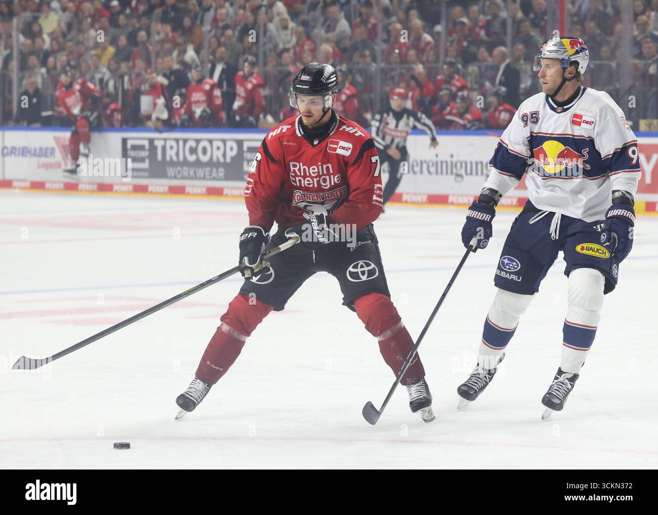 v.l. Nate Schnarr (Koelner Haie #76), Dillon Heatherington (Red Bull ...