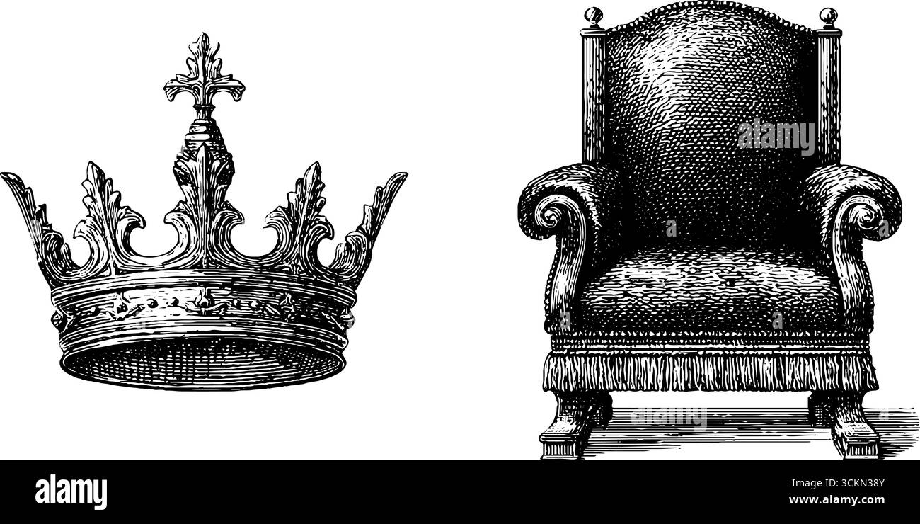 Engraved set of medieval crown and throne chair for historical design ...