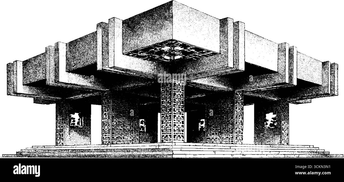Engraved illustration of brutalist architecture with geometric columns ...
