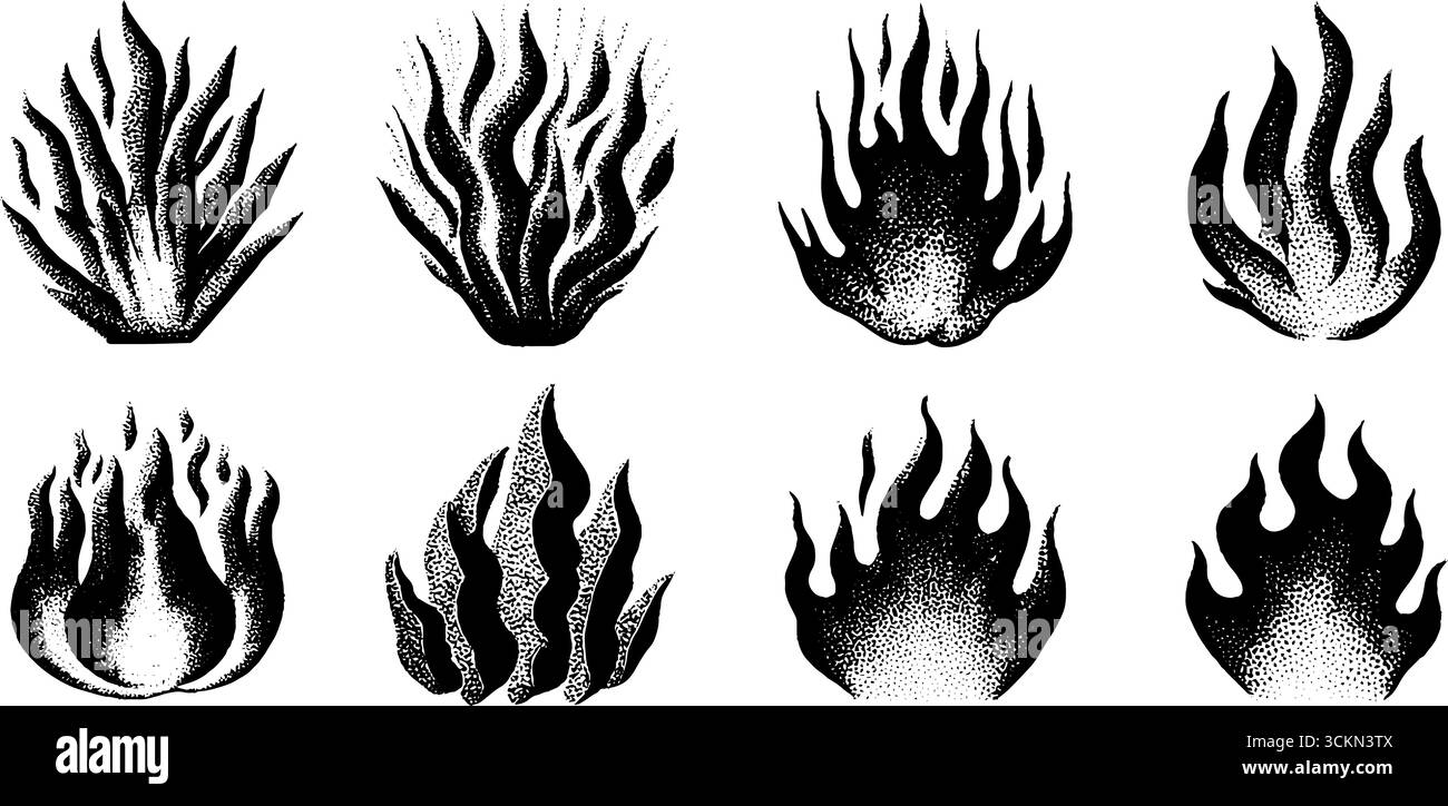 Engraved fire spark and ember illustrations for graphic design and ...