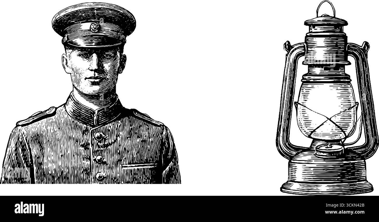 Vintage engraved illustrations of historical figure and lantern for ...