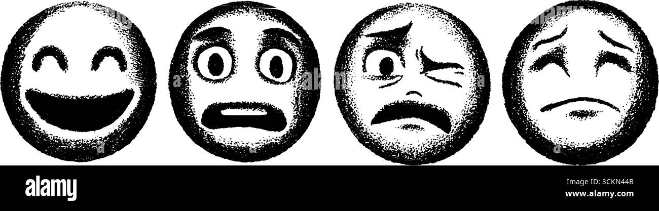 Engraved emotion faces set: happy, surprised, sad, and worried ...