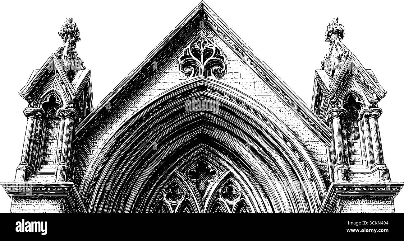 Detailed engraved illustration of gothic cathedral facade architecture ...