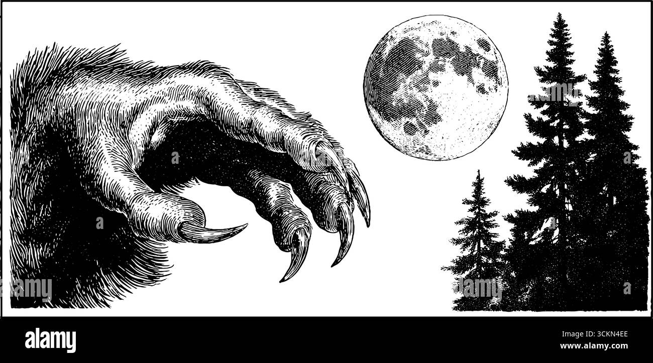Engraved illustration of werewolf claw and full moon with forest scene ...