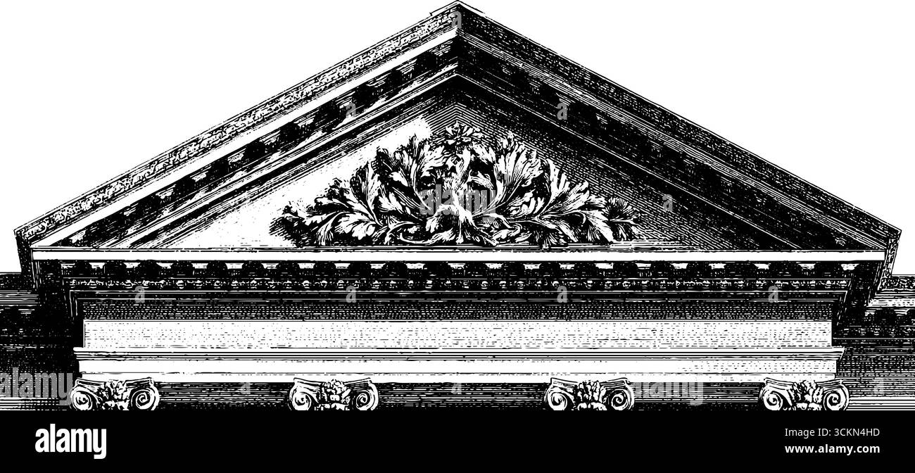 Engraved illustration of neoclassical facade with detailed pediment ...