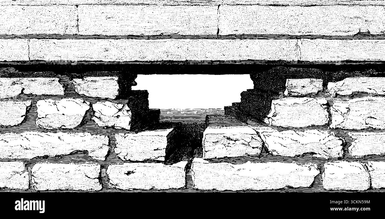 Engraved illustration of wall section displaying structural detail ...