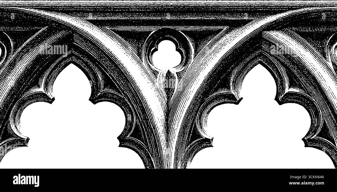 Gothic architecture: detailed tracery and arched facade engraving for ...