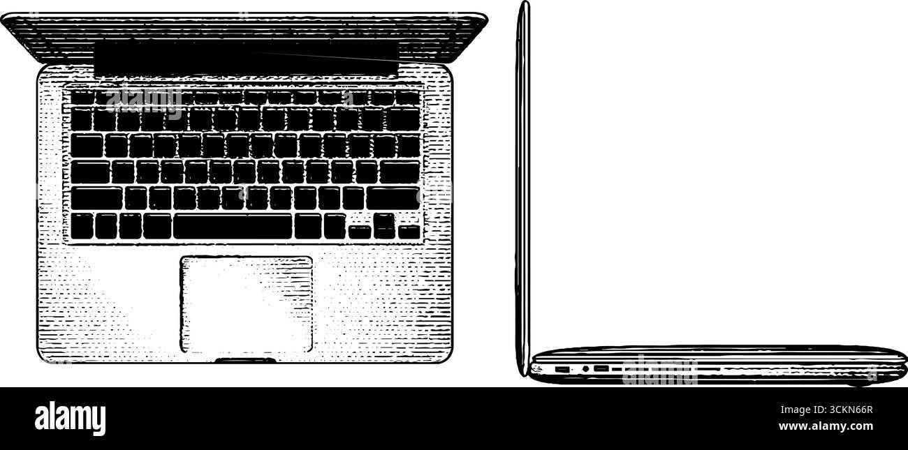 Engraved illustration of laptop screen and key for technology design ...