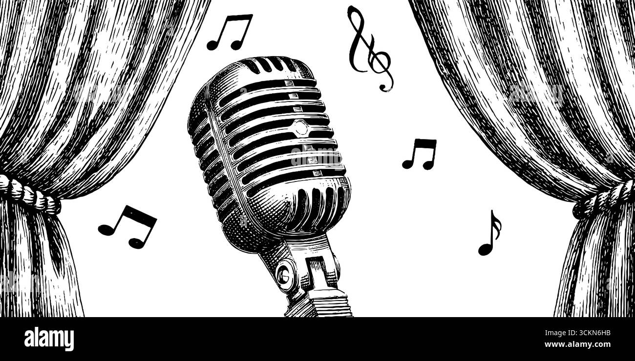 Vintage engraved microphone and musical notes with stage curtains ...