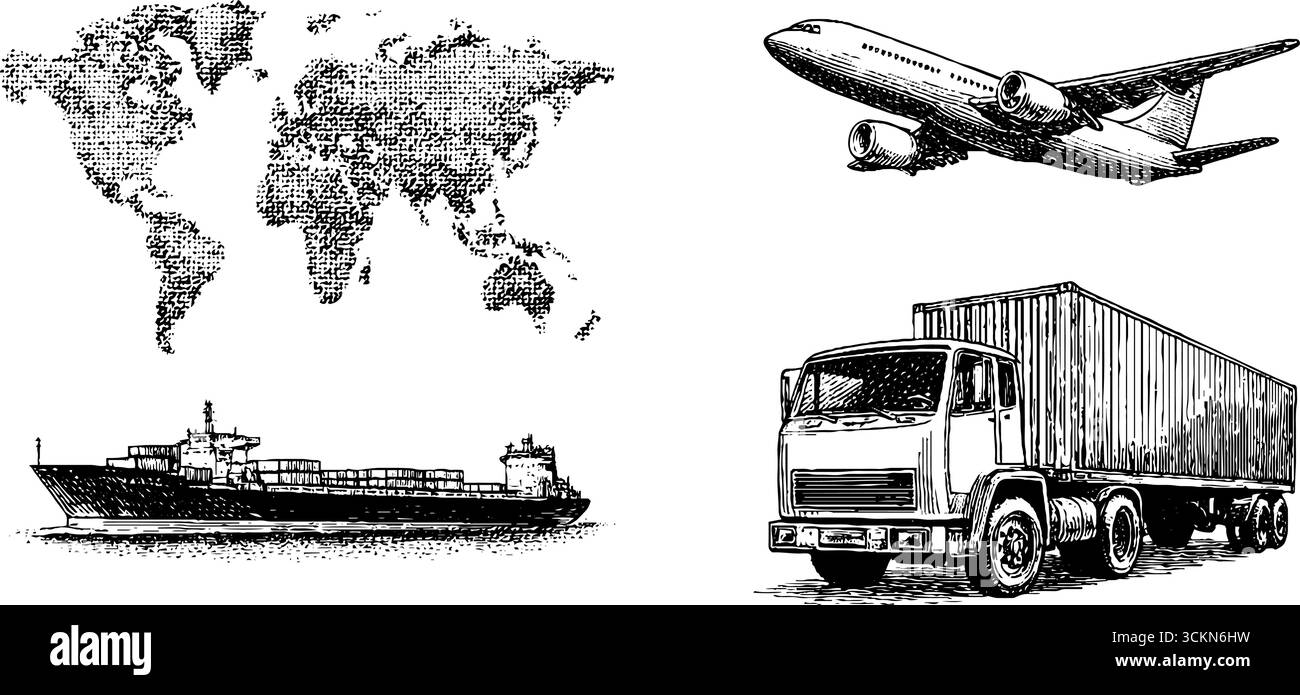 Engraved set of global shipping routes with map and transportation ...